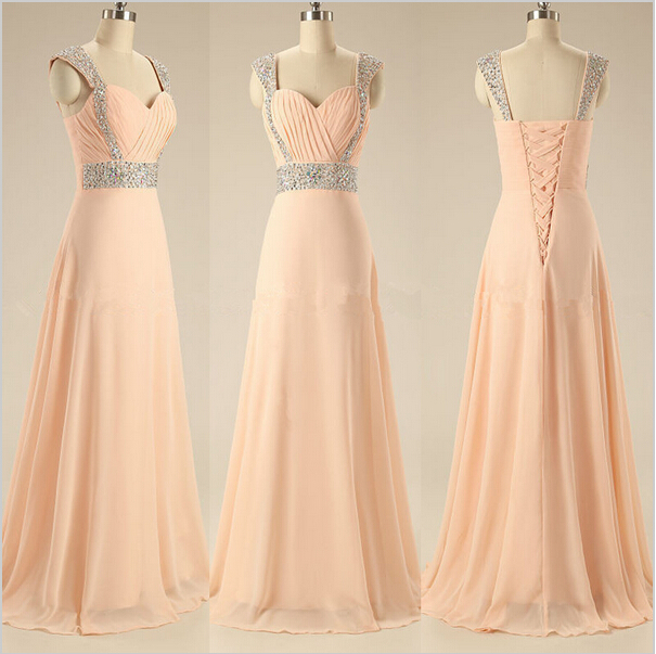 Sweetheart Beaded Cap Sleeve A Line Peach Long Prom Dresses 2015 ...