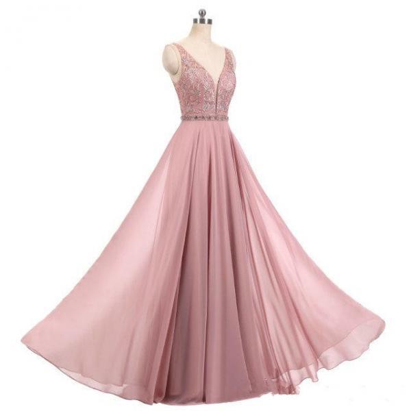 2018 Real Blush Pink Dresses V Neck Sleeveless Beads A Line Long ...